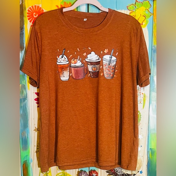 Temu | Tops | Fallpumpkin Flavored Coffee Drinks In Rust Graphic Tshirt ...